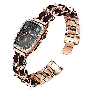 Mosonio Compatible for Apple Watch Band 40mm with Screen Protectors Case Women, Jewelry Bracelet Metal Bands with 2 Pack Bling Case Cover for iWatch Series SE 6 5 4(Rose Gold Link with Black Leather)
