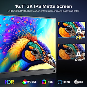 UPERFECT Portable Monitor 2K 144Hz 16.1", Portable Gaming Monitor for Laptop 2560x1440P QHD FreeSync HDR Ultra Slim, External Second Screen for PC Phone Game Console with Cover Stand