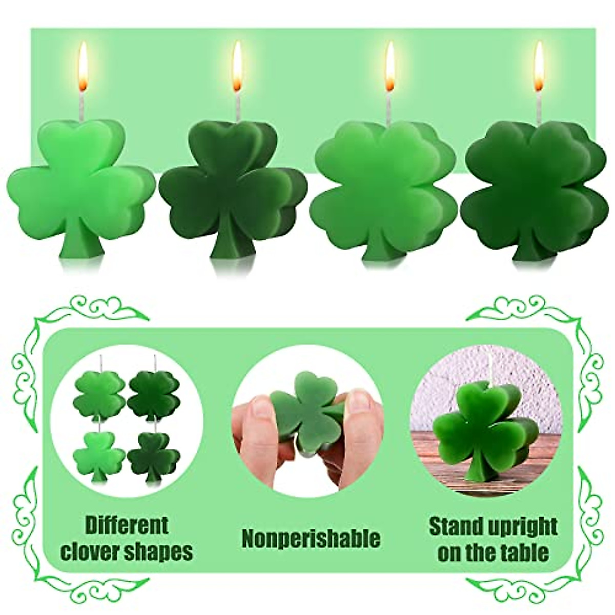 12 Pcs St. Patrick's Day Handmade Delicate Clover Candles St. Patrick's Day Lucky Candles Freestanding Irish Shamrock Green Candles Irish Candle Decoration for Festival Party Home Decoration
