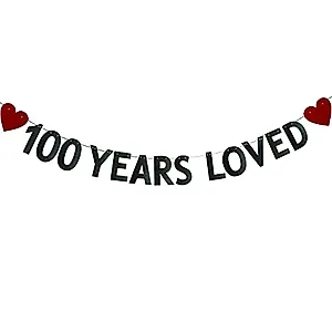 100 YEARS LOVED Banner，Pre-strung，100th Birthday / Wedding Anniversary Party Decorations Supplies，Black Glitter Paper Garlands Backdrops, Letters Black Betteryanzi