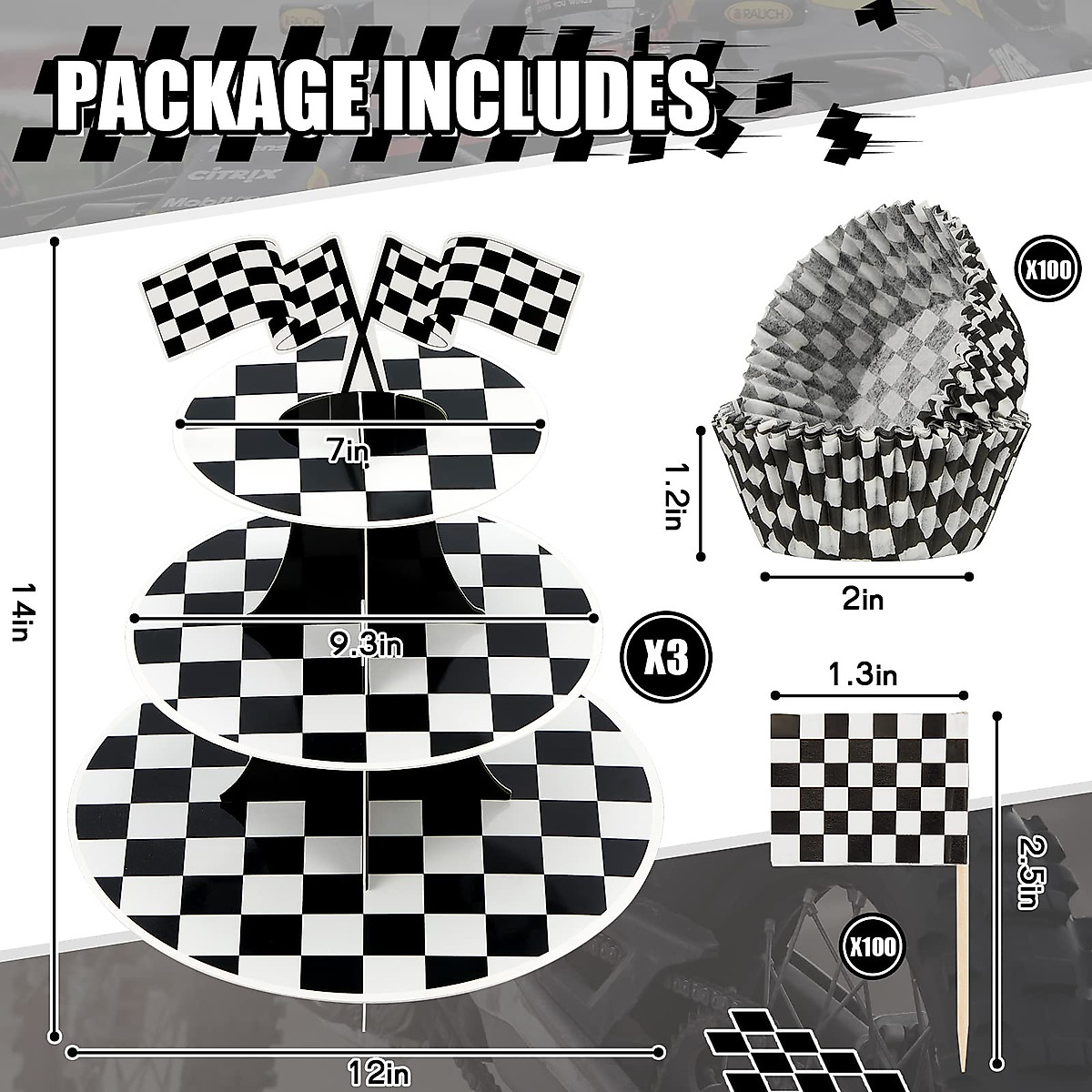 3 Sets Race Car Party Decorations 3 Tier Round Cardboard Cupcake Stand for Racing Cars Birthday Party Supplies 100 Checkered Baking Cups Liners 100 Race Car Flag Black and White Fast Party Decorations