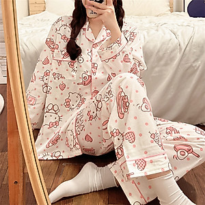 Cute Fashion Long Sleeve Cardigan Pajamas Set Kawaii Leisure Loose Two-Piece Sleepwear Set For Women Girls-S Pink