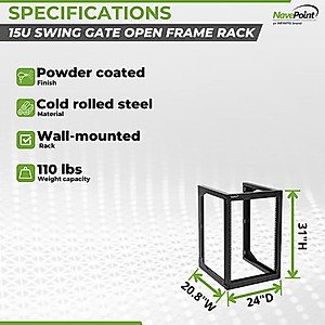 NavePoint 15U Server Rack with Swing Gate - 15U Wall Mount Rack for 19 Inch IT Equipment Open Frame Rack – Network Rack Wall Mount for AV & Server Equipment 24” Deep 15U Rack, Black
