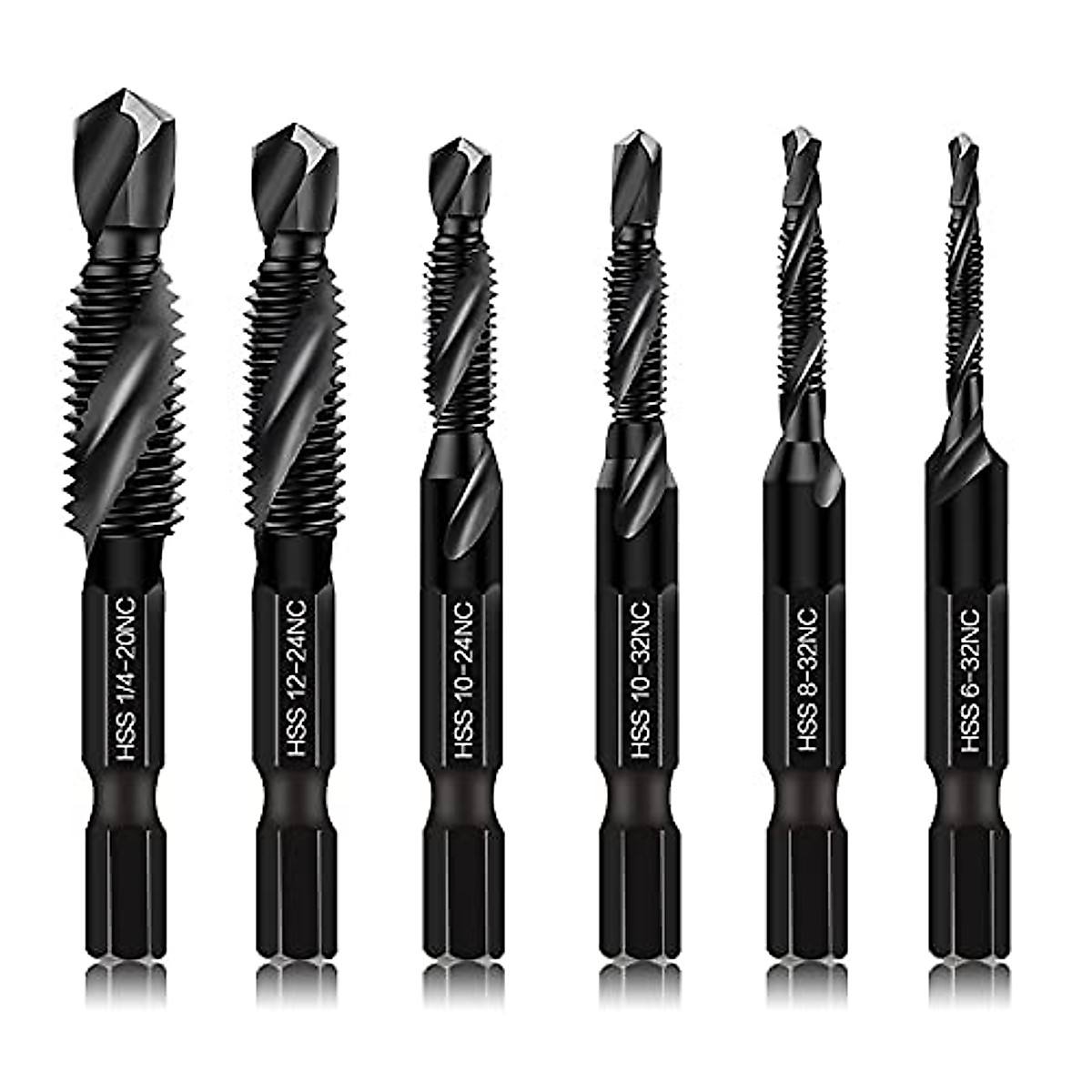6 Packs Combination Drill & Taps Bit Set, Screw Tapping in SAE Size 6-32nc 8-32nc 10-32nc 10-24nc 12-24nc 1/4-20nc with Anti-Rust Black Coating, 1/4” Hex Shank and Storage Case