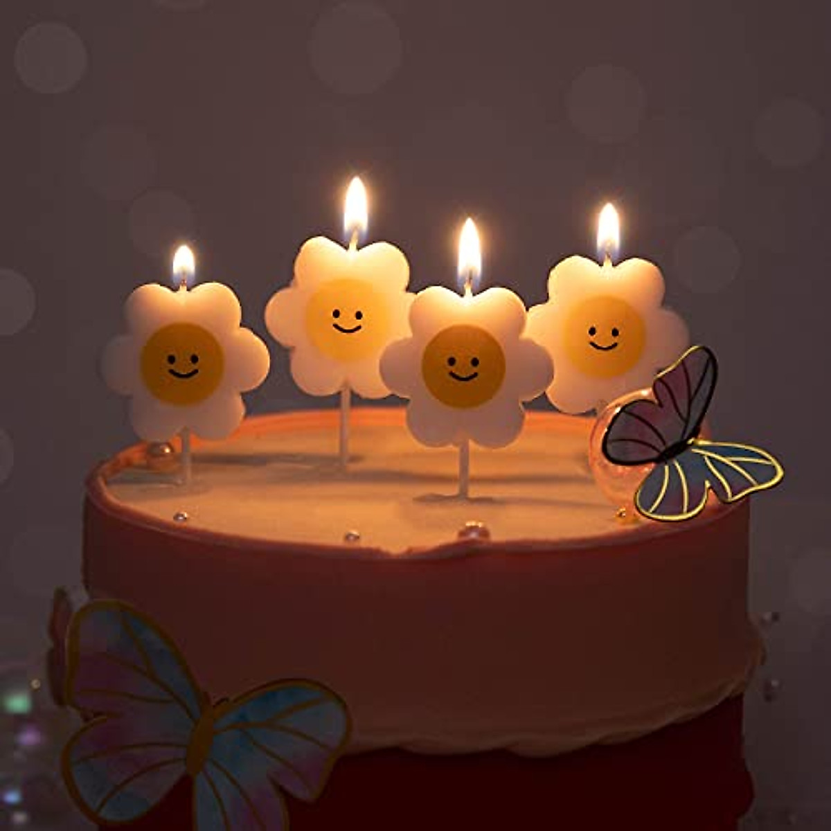 BoKin 4 Pcs Birthday Candles, Smiley Face Happy Birthday Candle for Cake, Sunflower Cake Toppers for Birthday Party Wedding Anniversary Valentines Day Christmas Festival