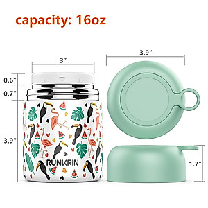 Insulated Food Jar for Hot Food, Runkrin 16oz Thermos Vacuum Double Wall Lunch Container with Spoon, Leak Proof Stainless Steel Thermal Bento Box for Kids Boys Girls Adults