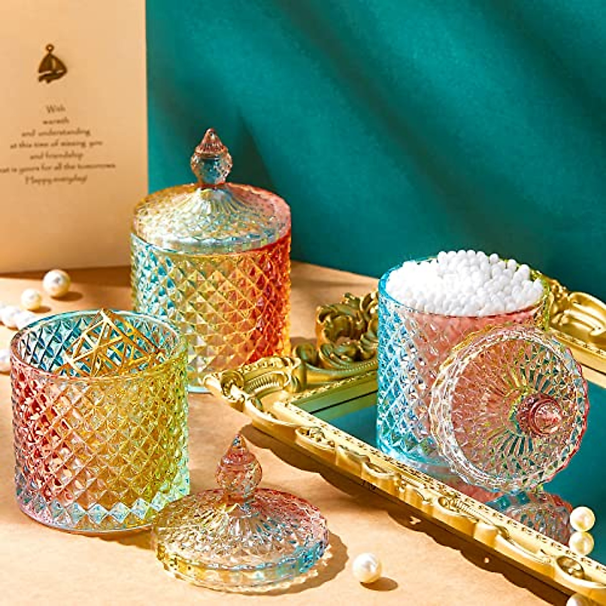 4 Pcs Crystal Glass Candy Jar with Lid Home Decorative Jar Glass Storage Bathroom Jars Jewelry Box Canister Jar for Cotton Swab Glass Jar Decor for Bathroom, Pantry, Living Room, Kitchen (Colorful)