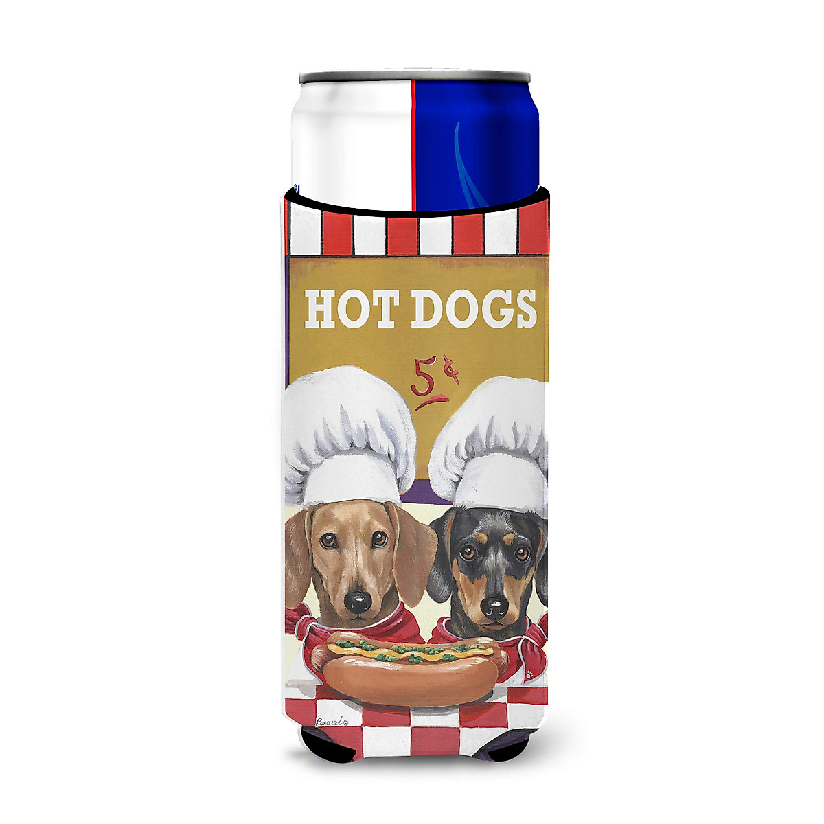 Caroline's Treasures PPP3083MUK Dachshund Hot Dog Stand Ultra Hugger for Slim cans Can Cooler Sleeve Hugger Machine Washable Drink Sleeve Hugger Collapsible Insulator Beverage Insulated Holder