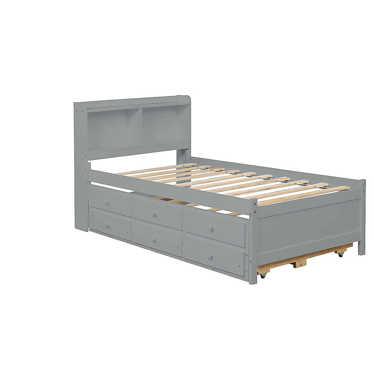 Harper & Bright Designs Twin Bed Frame with Bookcase Headboard, Wooden Twin Size Platform Bed with Trundle and 3 Storage Drawers,Twin Storage Bed for Kids Girls Boys,No Box Spring Needed,Grey