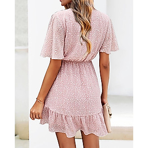 KIRUNDO Women's Summer Dresses 2025 Casual Short Sleeve V Neck Ruffle Floral Print High Waist Flowy Mini Dress with Belt(Small, Pink)