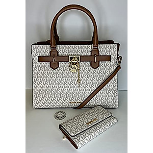 MICHAEL Michael Kors Hamilton MD Satchel bundled with Trifold Wallet and Purse Hook (Signature MK Vanilla/MK Vanilla)