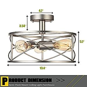 Capslpad Industrial Semi-Flush Mount Ceiling Light Vintage Close to Ceiling Lamp 3-Light Farmhouse Retro Metal Cage Ceiling Light Fixture for Bedroom Kitchen Foyer Hallway (Brushed Nickel)