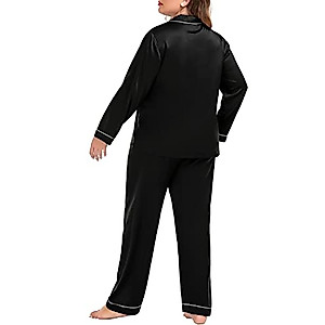 SWOMOG Plus Size Pajamas Long Sleeve Pajama Set Silk Pj Set Button Down Sleepwear Bridesmaid Pjs Satin Pajama Set 18W Black