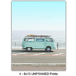 Beach Art Print Set - Tropical Palm Trees, Surfing 8x10 Wall Art Posters - Unique Home Decor for Lake or Ocean House, Bathroom, Bedroom, Living Room, Office - Gift for Surfers - Nautical Photo Poster