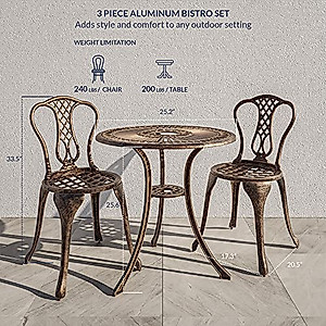 BELLEZE 3 Piece Cast Aluminum Bistro Set, Rust-Resistant Outdoor Patio Metal Bistro Sets Weather Resistant Table and 2 Chairs with Umbrella Hole for Balcony Backyard Garden - Bronze