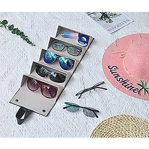 YANLAEH Travel Sunglasses Organizer Case 5 Slot Foldable Leather Multiple Eyeglasses Storage Holder Stand Hard Shell (Black)