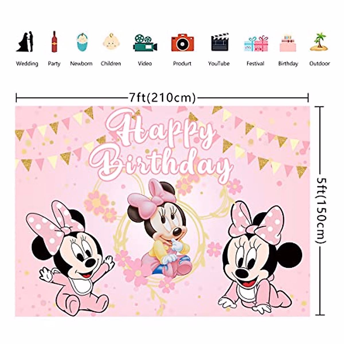 Cartoon Baby Mouse Backdrop Kids 1st 2nd Birthday Pink Mouse Theme Party Photography Backdrop Girls Baby Shower Cake Table Decoration Background (7x5ft)