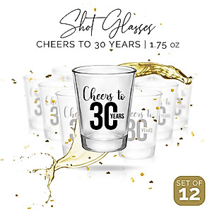 Cheers to 30 Years, 30th Birthday Party Shot Glasses Set of 12, 1.75oz 30th Birthday Glass Shot Glasses with Black Dirty Thirty Print, Perfect for Birthday Parties, Birthday Decorations