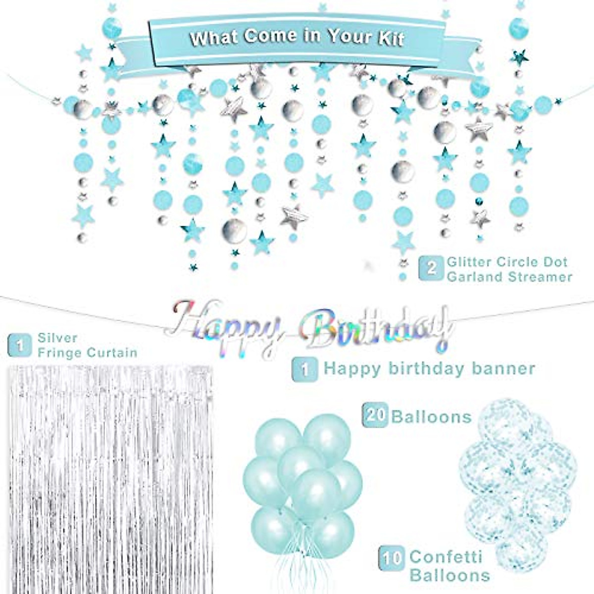 Turquoise Birthday Party Decoration - Sliver Happy Birthday Banner, Turquoise Glitter Circle Dot Garland Streamer, Sliver Fringe Curtain, Blue and Turquoise Balloons, Blue Birthday Party Decorations for Women and Men Birthday Party
