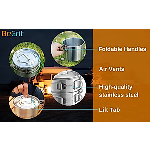 BeGrit Camping Pots Camping Cups and Mugs 304 Stainless Steel with Folding Spoon, Vented Lids