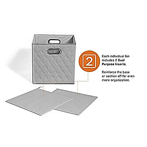 JIAessentials Large 13-inch Gray Foldable Diamond Patterned Faux Leather Storage Cube Bins Set of Four with Handles with Dual Handles for living room, bedroom and office storage