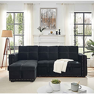 ATY L-Shaped Sectional Sofa with Reversible Storage Chaise & Pulled Out Couch Bed, Living Room Home Furniture 4-Seater w/Copper Nail for Office, Black
