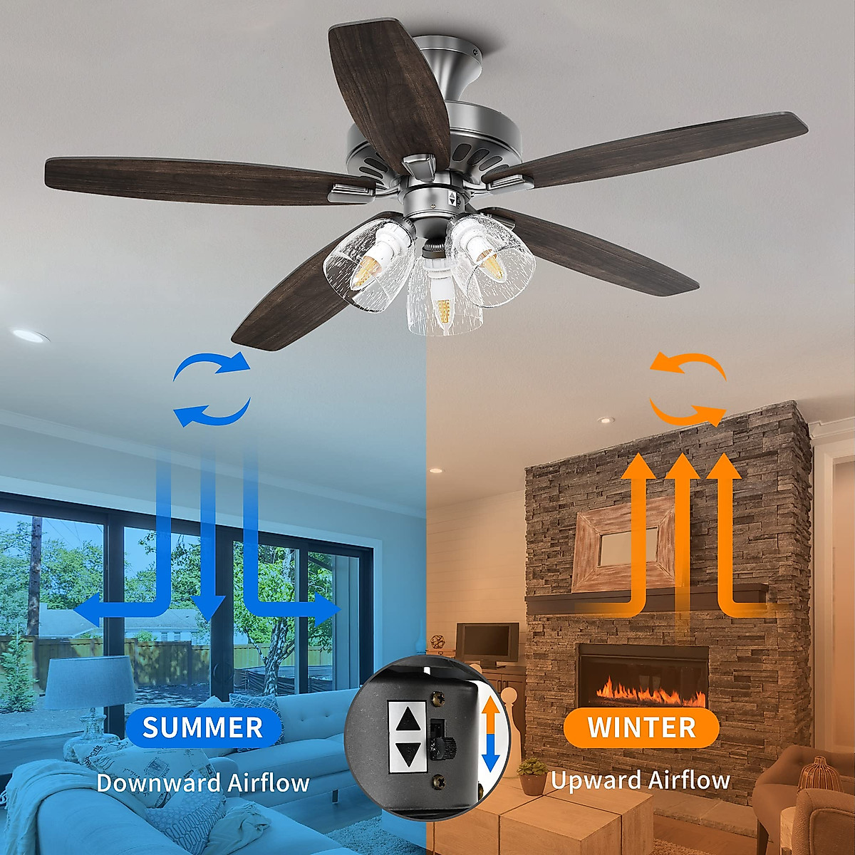 YITAHOME Farmhouse Ceiling Fan with Light and Remote, 52 Inch Low Profile Flush Mount Ceiling Fan with Clear Seeded Glass Light Kit, Quiet Reversible Motor, 3 Speed, Timer, Oak and Sliver