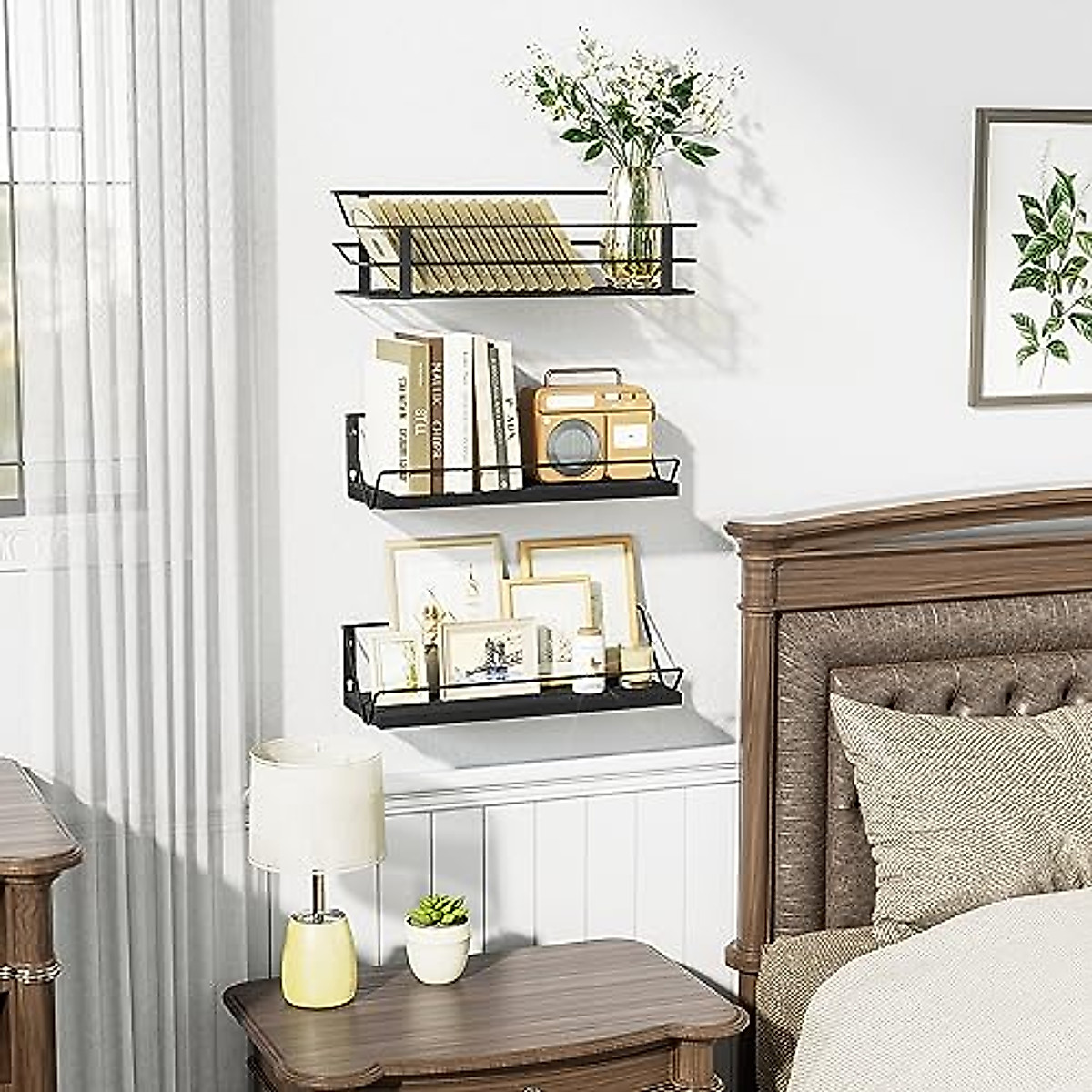 Love-KANKEI Floating Shelves Wall Mounted, Wood Wall Shelves with Storage Wire Basket, Bathroom Shelf Over Toilet eith Towel Bar,Hanging Shelves for Beadroom Living Room Kitchen, Set of 3, Black