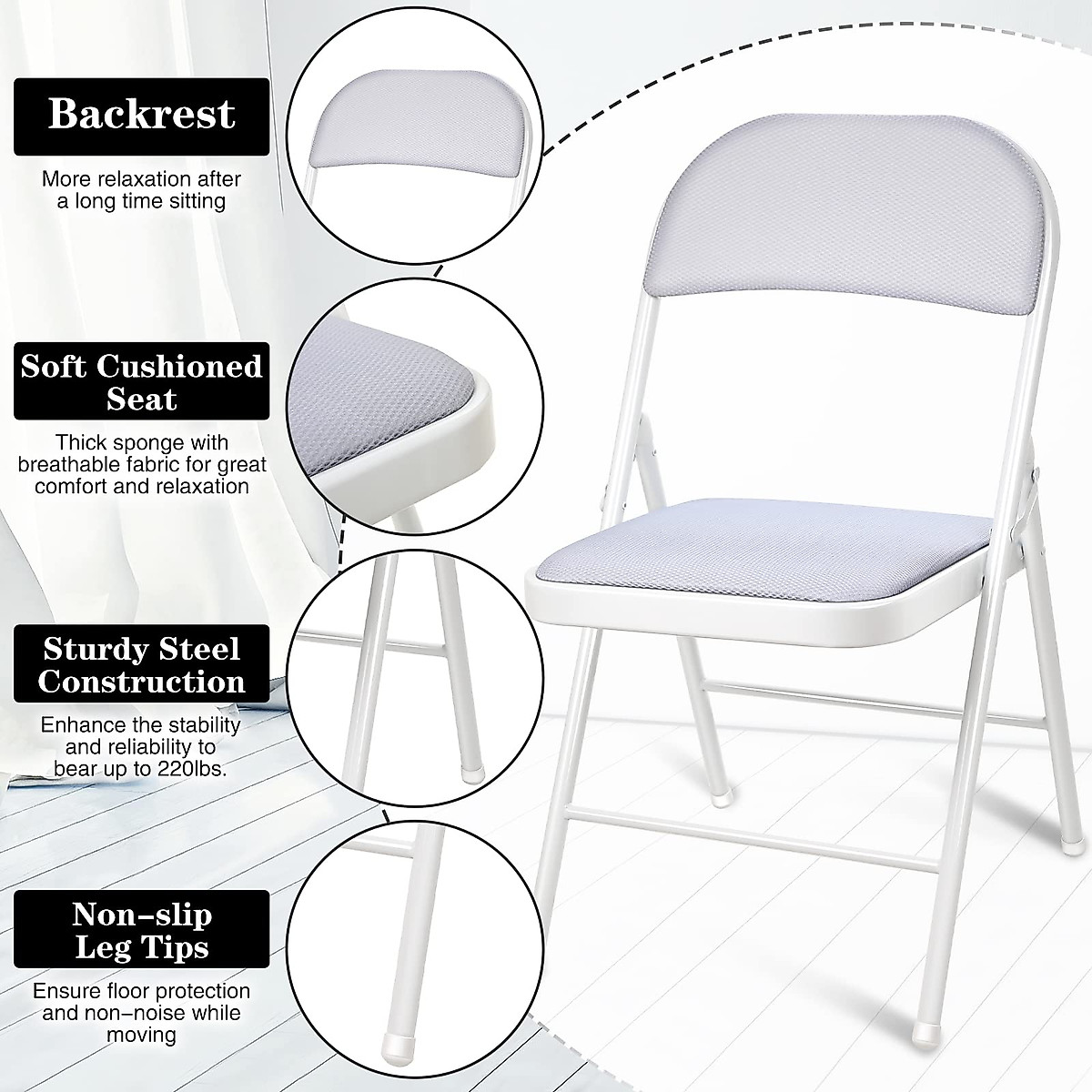 6 Pack Folding Chairs with Padded Cushions and Back Metal Frame Foldable Chairs with Padded Seats Portable Commercial Seat for Office Indoor Outdoor Meeting Wedding Party Event (White, Grey)