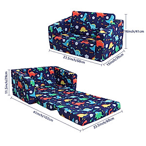 decalsweet Kids Couch Convertible Sofa to Lounger for Toddler Boy, Foldable 2-in-1 Kids Sofa Bed, Toddler Chairs Comfy for Bedroom Playroom, Blue Dinosaur