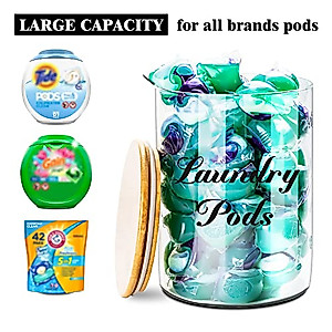 Laundry Pods Holder Container, 3Qt Big Glass Storage Container with Wood Lid, Stackable Large Clear Glass Jar Organizer Canister for Laundry Room Holds 81 Laundry Pods, 4 Label Sticker