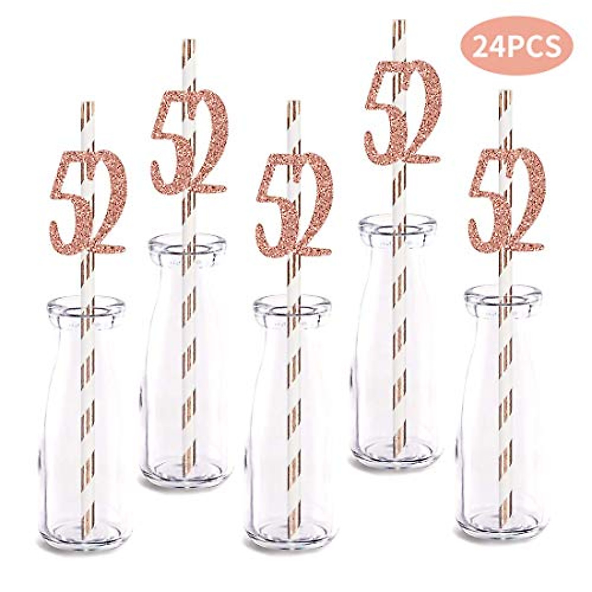 Rose Happy 52nd Birthday Straw Decor, Rose Gold Glitter 24pcs Cut-Out Number 52 Party Drinking Decorative Straws, Supplies