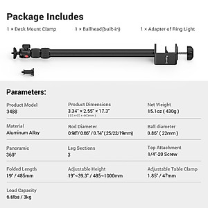 SmallRig Camera Desk Mount Table Stand 15"-35" with 1/4" Ball Head, Adjustable Light Stand, Tabletop C Clamp for DSLR Camera, Ring Light, Live Streaming, Photo Video Shooting - 3488
