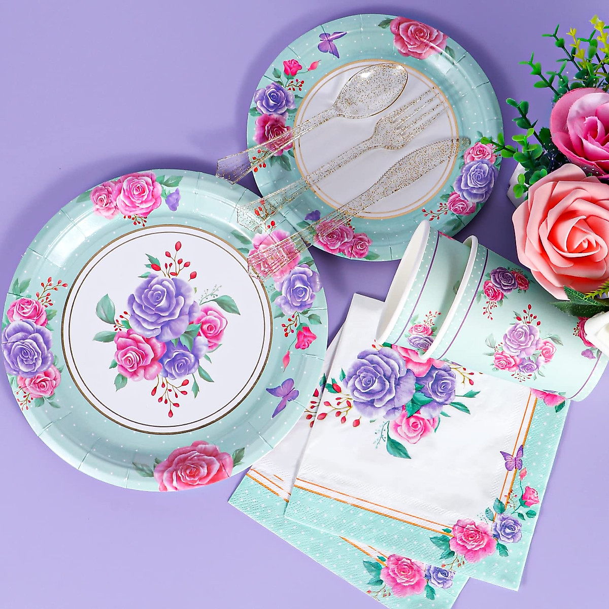 Atonofun Tea Party Supplies, Tea Party Plates and Napkins Sets, Disposable Floral Plates, Cups, Cutlery for Girl's Birthday, Baby Shower, Bridal Shower Floral Party Decorations Serves 24