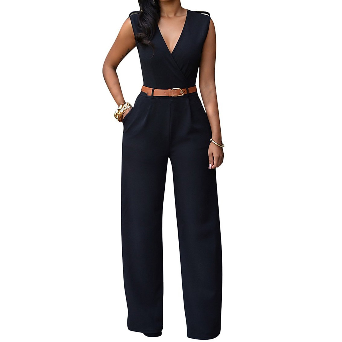 Pink Queen Women's Elegant V Neck Long Loose Belted Rompers Jumpsuits Black Large