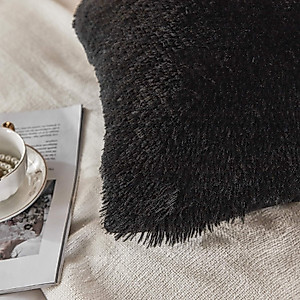 Uhamho Set of 2 Faux Fur Throw Pillow Covers Soft Velvet Decorative Pillowcases Zipper Closure (Black, 20"x26")