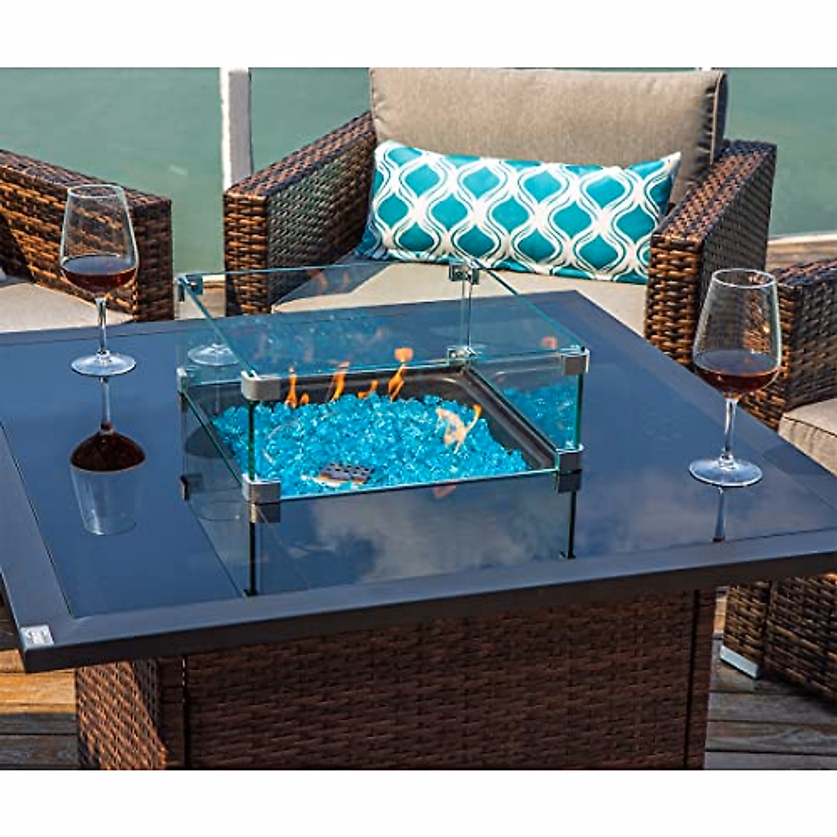 COSIEST 5-Piece Faux Brown Propane Fire Pit Outdoor Furniture Brown Chairs w Thick Cushion, 36-inch Square Fire Table (40,000 BTU), Glass Wind Guard, Internal Tank Storage for Garden, Backyard