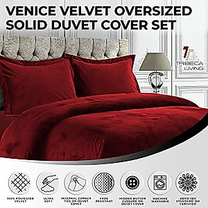 Tribeca Living VENICEDUVET Venice Velvet Oversized Solid Duvet Set, 3pieces, Queen, Burgundy