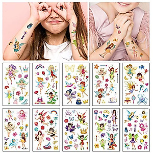 Yarlilyan 100+ Fairy Glitter Tattoos for Girls, Children Birthday Party Favor Temporary Tattoo Sticker, Magic Fantasy Butterfly Flower Pink Fake Waterproof tattoo on kids Body Hand Arm Face 10 Sheets