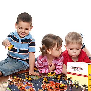 LOLO TOYS 20-Piece Construction Truck & Road Play Mat Set: Toy Construction Vehicles & Costume with Hat for Boys & Girls, Includes 5 Small Metal Diecast Construction Vehicle Toys & Search Game