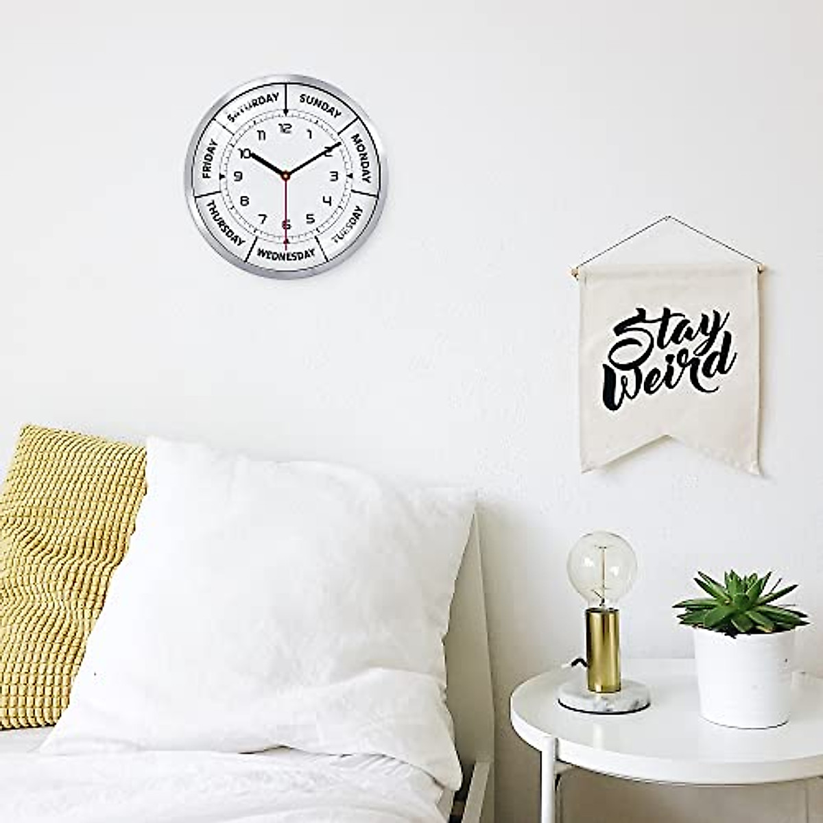Lafocuse Silent Retirement Clock Day of The Week Wall Clock for Home Decor,Brushed Metal Frame Day Clocks for Seniors 12 Inch Living Room Bedroom Office-Without a Second Hand