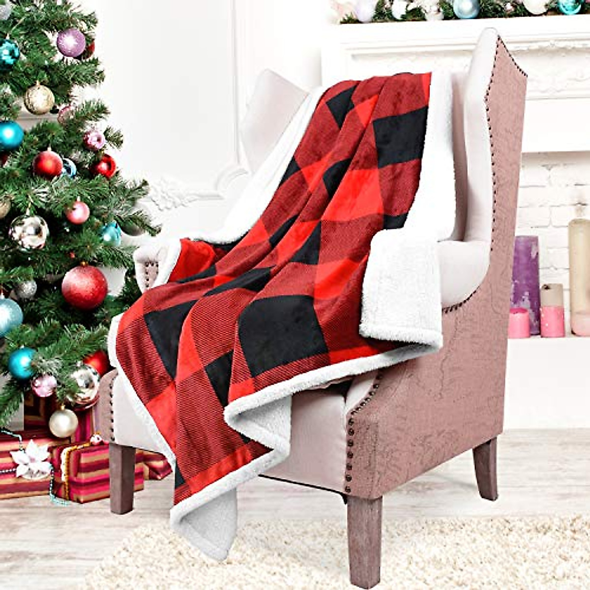 Catalonia Red Black Plaid Sherpa Blanket, Buffalo Sherpa Throw Blanket, Reversible Super Soft Warm Comfy Fuzzy Snuggle Holiday Throws for Couch Sofa Cabin Decro
