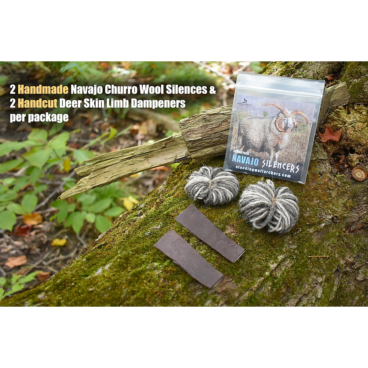 Standing Wolf Ultimate Navajo Wool Bow String Silencer Combo Pack (4 Pieces) | Traditional Archery Recurve Bowstring Silencer | Stick On Limb Noise Dampeners