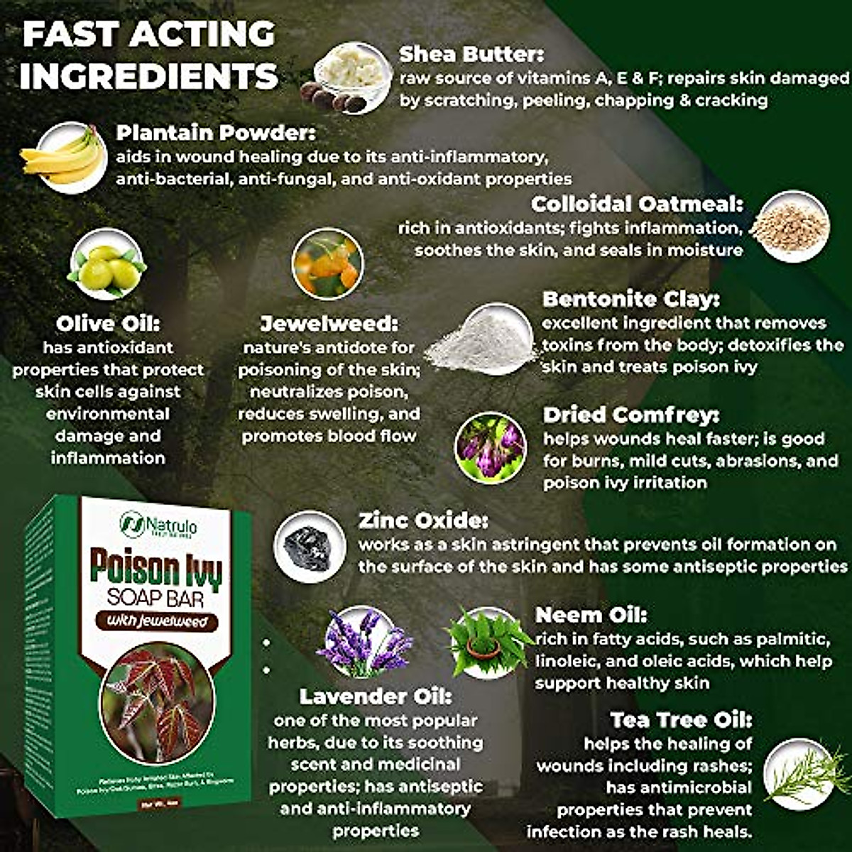 Natrulo Poison Ivy Soap Bar - All Natural Poison Ivy Treatment - Anti-Itch Skin Cleanser Bar for Poison Ivy, Poison Oak & Sumac - Removes Oils, Soothes & Relieves Rashes - 4 oz Bar Made in USA