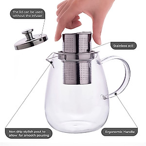 Aserson 1000 ml/33 oz Glass Teapot, Heat Resistant, Stainless Steel Infuser, Handmade, Leaf Tea Brewer, Borosilicate Glass, Stovetop Teapot and Microwave Safe