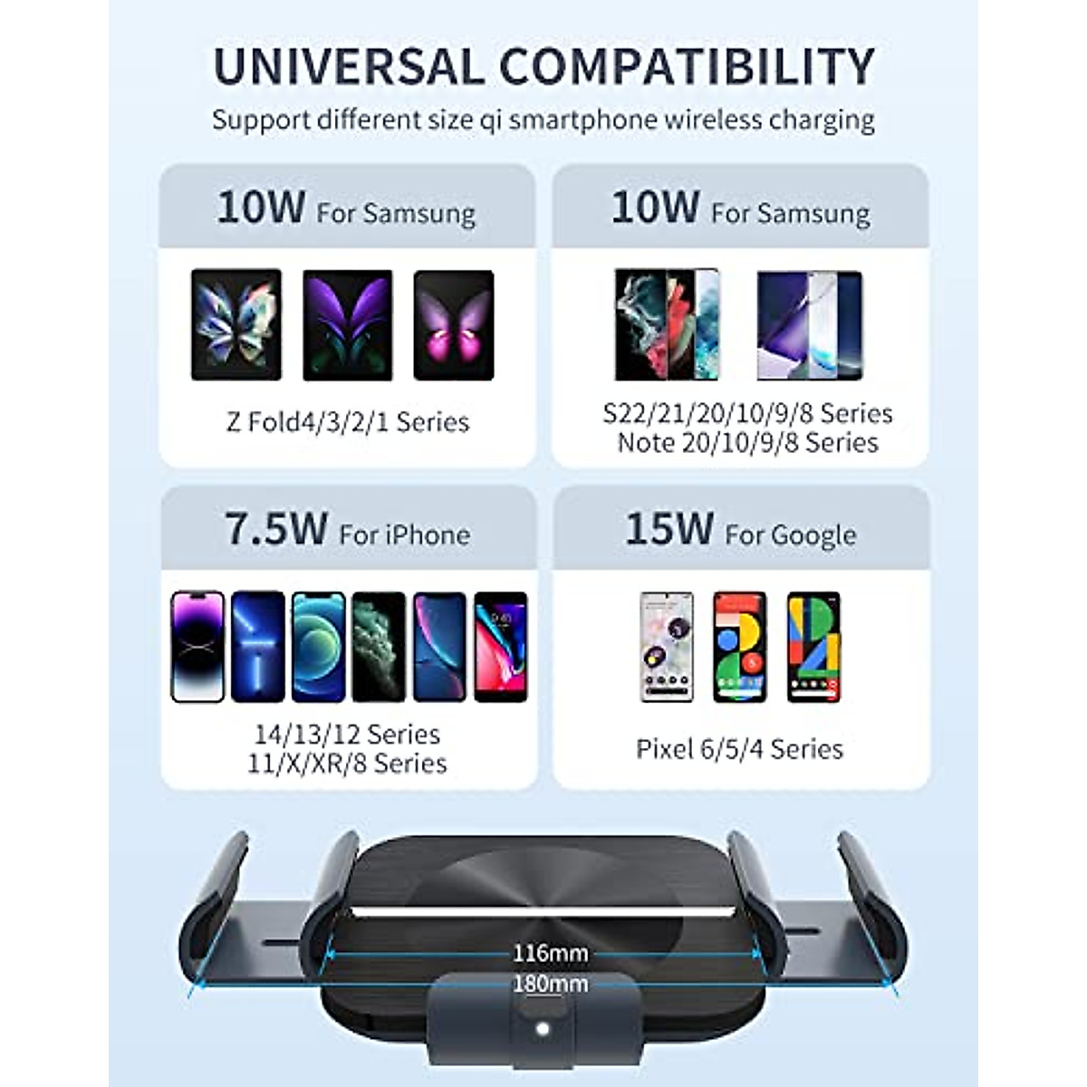 MAKAQI Wireless Car Charger for Z Fold 4/3/2, Dual Coil Cup Holder Phone Mount, Wireless Car Charger for Tesla, Auto Clamping Fast Charging for iPhone14/13/12/11/X/8