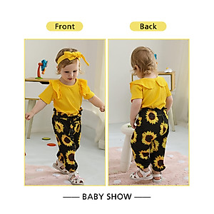veikimous Infant Baby Girl Clothes Baby Girl Sunflower Outfits Ruffle Romper Long Floral Pants Cute Baby Clothes Girl Yellow 3-6 Months