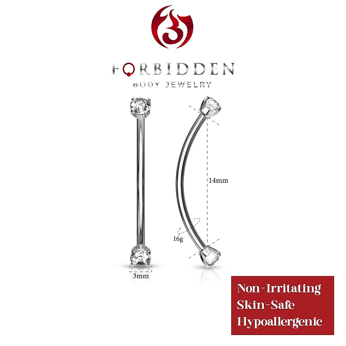 Forbidden Body Jewelry Snake Eyes Piercing Jewelry Tongue, Conch, Belly Button or Eyebrow Rings for Women & Men - 16g Curved Barbell 3mm Clear Crystal Surgical Steel Piercing (1 Pcs - 9/16")