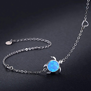 Cuoka Turtle Bracelet 925 Sterling Silver Opal Turtle Jewelry Sea Turtle Bracelet Ocean Nature Bracelet Turtle Gift for Her for Women (B-Blue Opal)