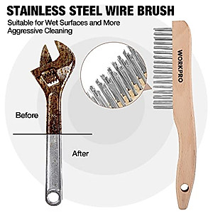 WORKPRO Wire Brush Set, 6 Pcs Brass/Stainless Steel Wire Scratch Brush Set, Small Large Size with Beechwood Handle for Cleaning Rust, Paint and Welding Slag